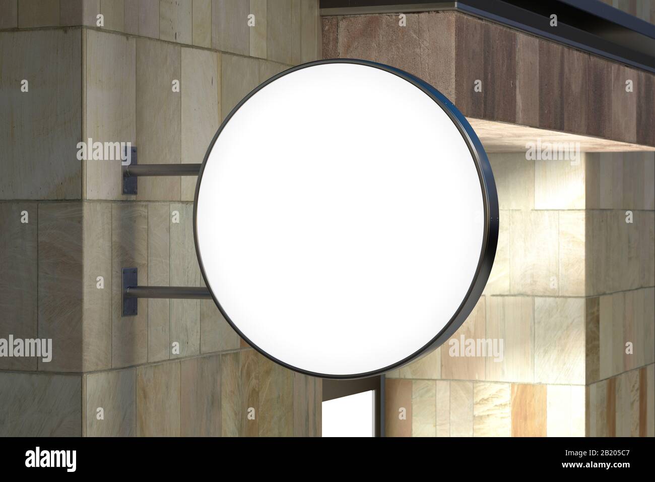 Round singboard or signage on the marble wall with blank luminescent ...