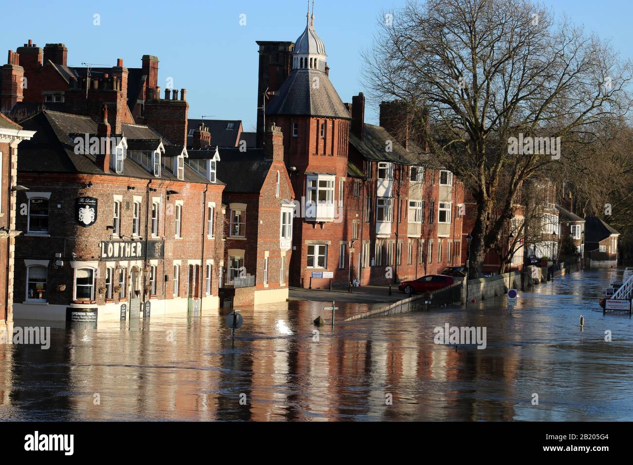View of swollen River Ouse in York, February 2020, showing flooding to ...