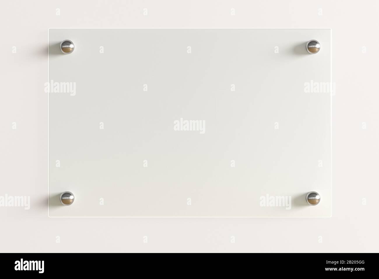 Blank horizontal transparent glass sign plate on the white wall. Name ...