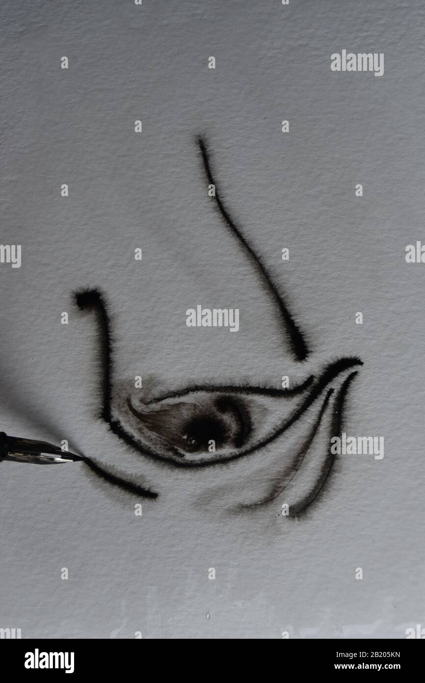 Sequence of drawing with dip pen in India ink onto wet watercolour ...