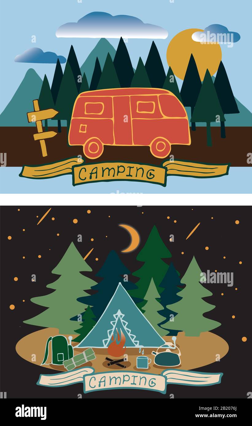 Two camping postcards. travel day and night. motorhome and campfire ...