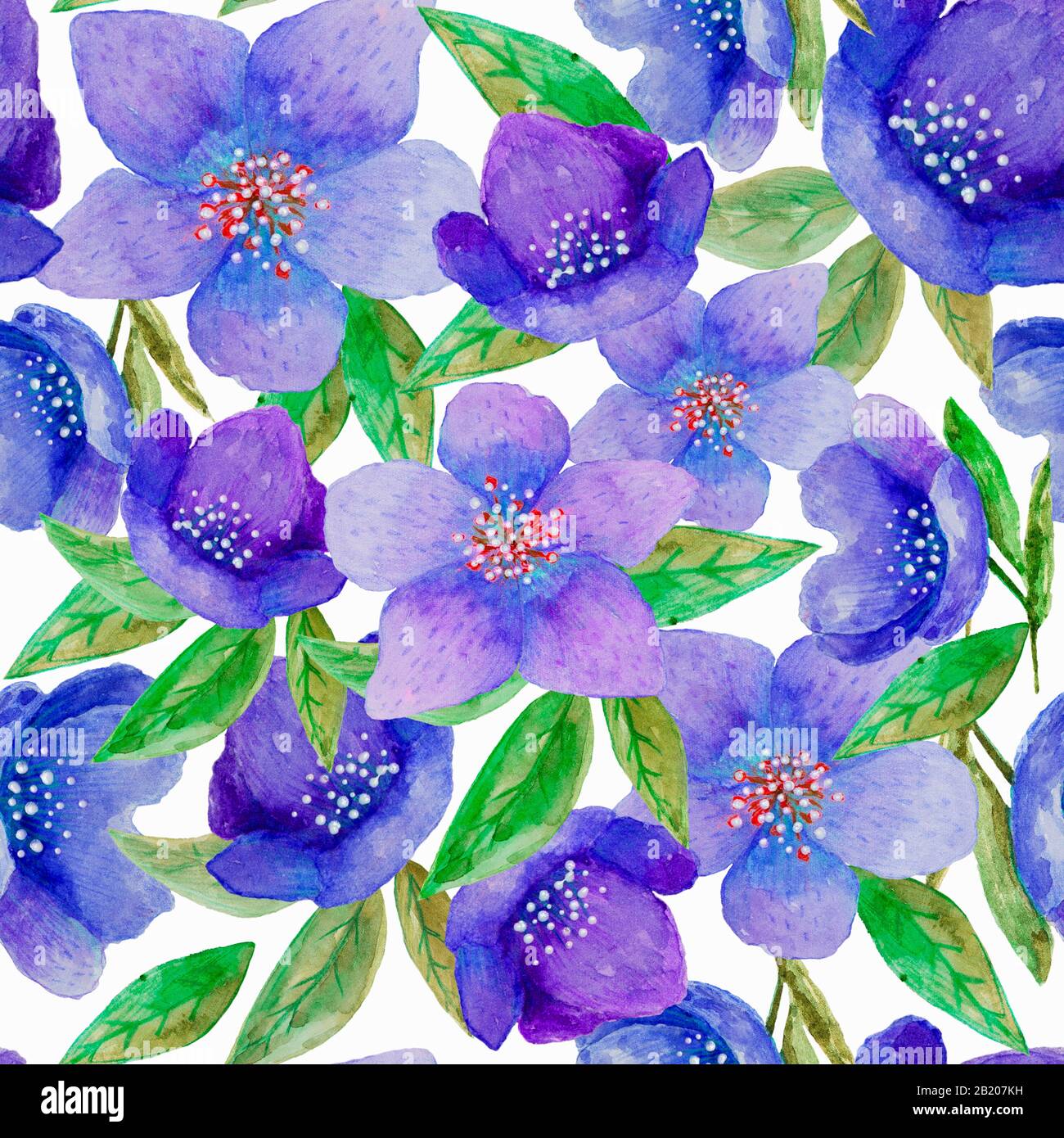 seamless watercolor hand painted floral pattern with of blue hellebore ...