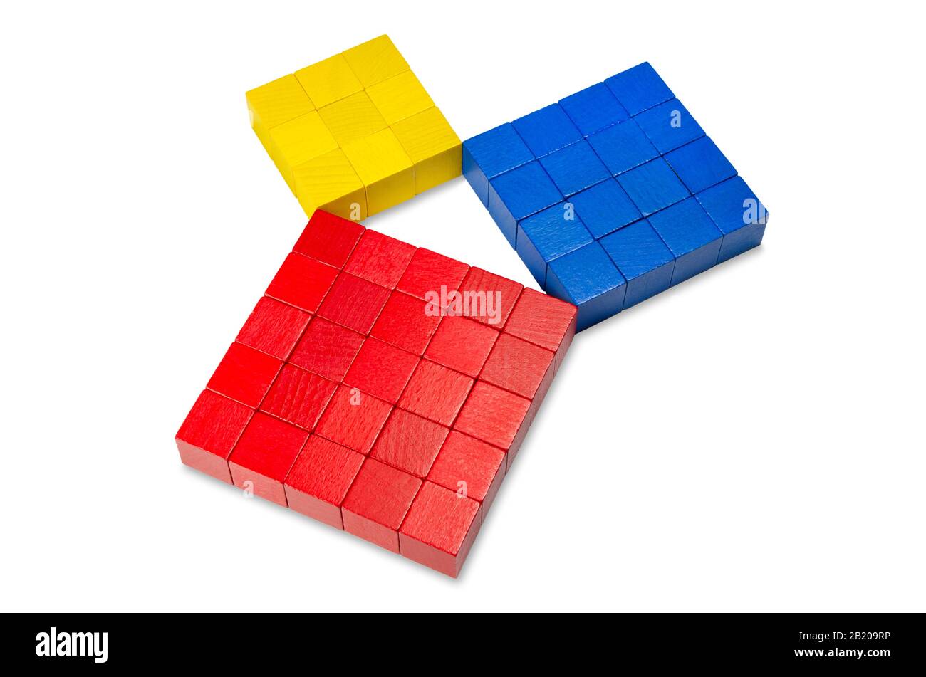Pythagorean theorem shown with colorful wooden cubes, side view ...