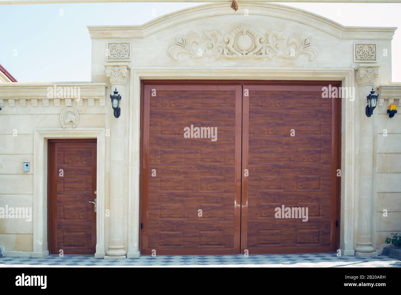 Shutter door or roller door and concrete floor outside .White Automatic ...