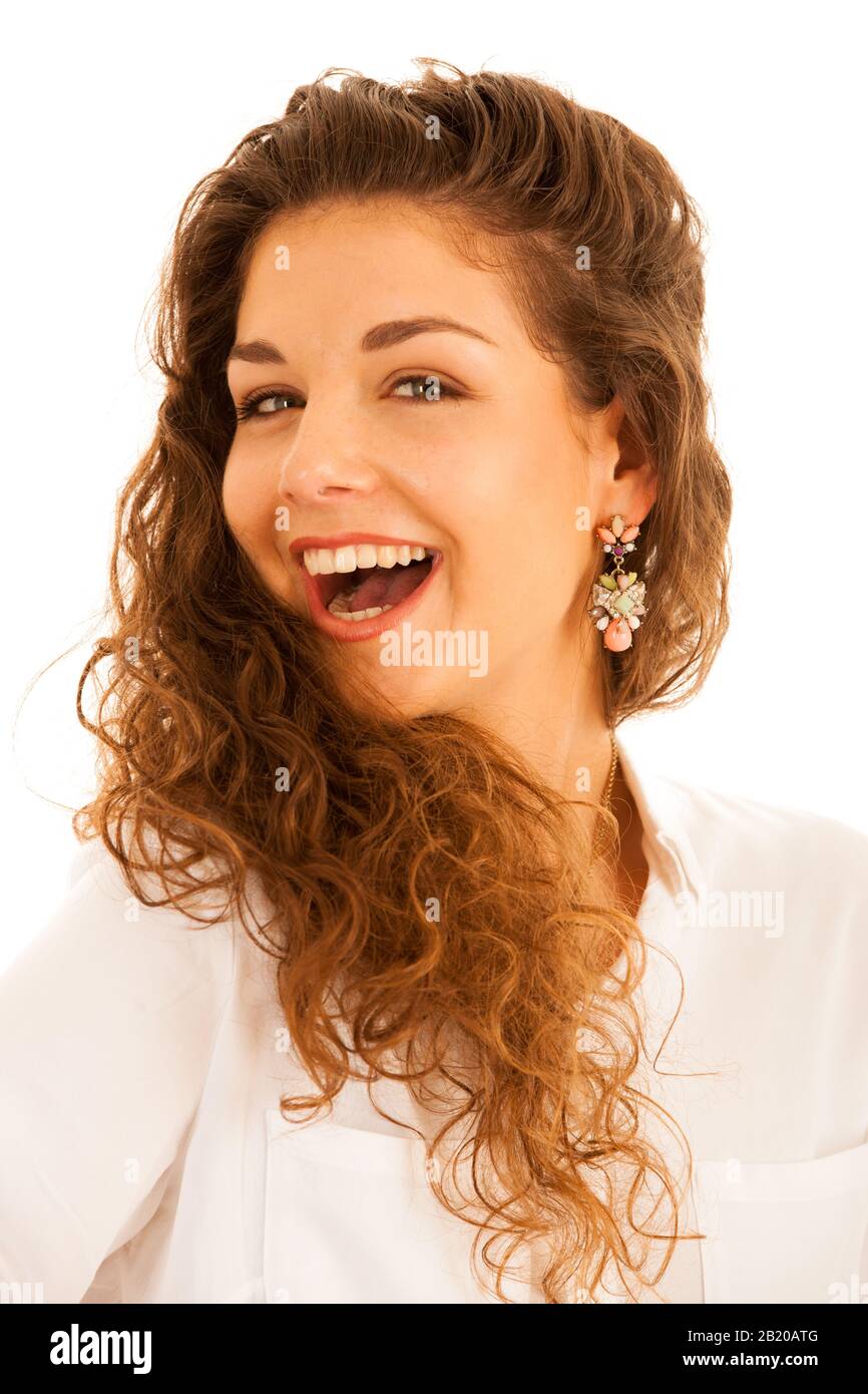 attractive young woman with gorgeous smile isolated over white ...