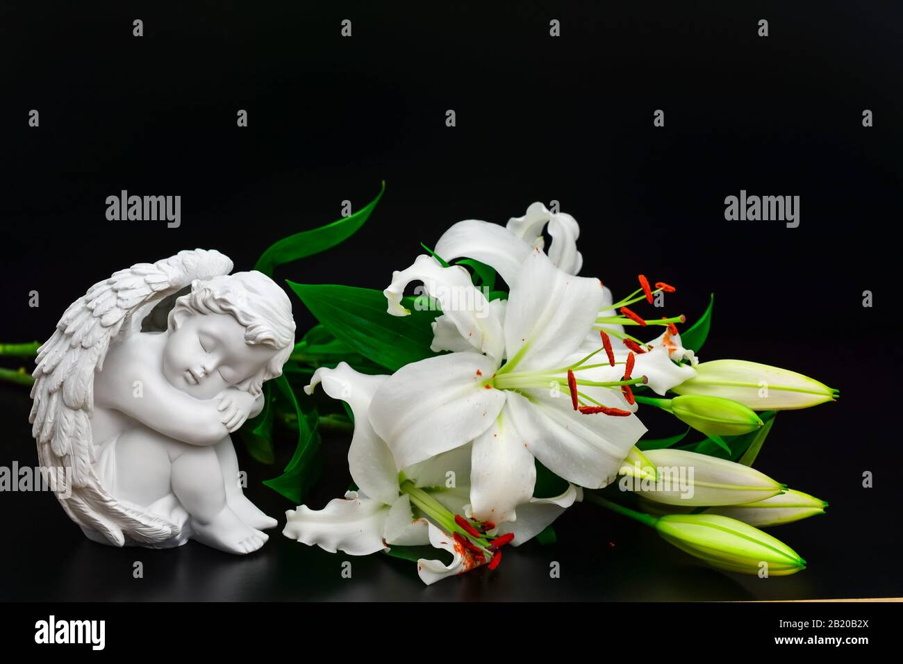 white lily on black background white angel wooden rosary and bible ...