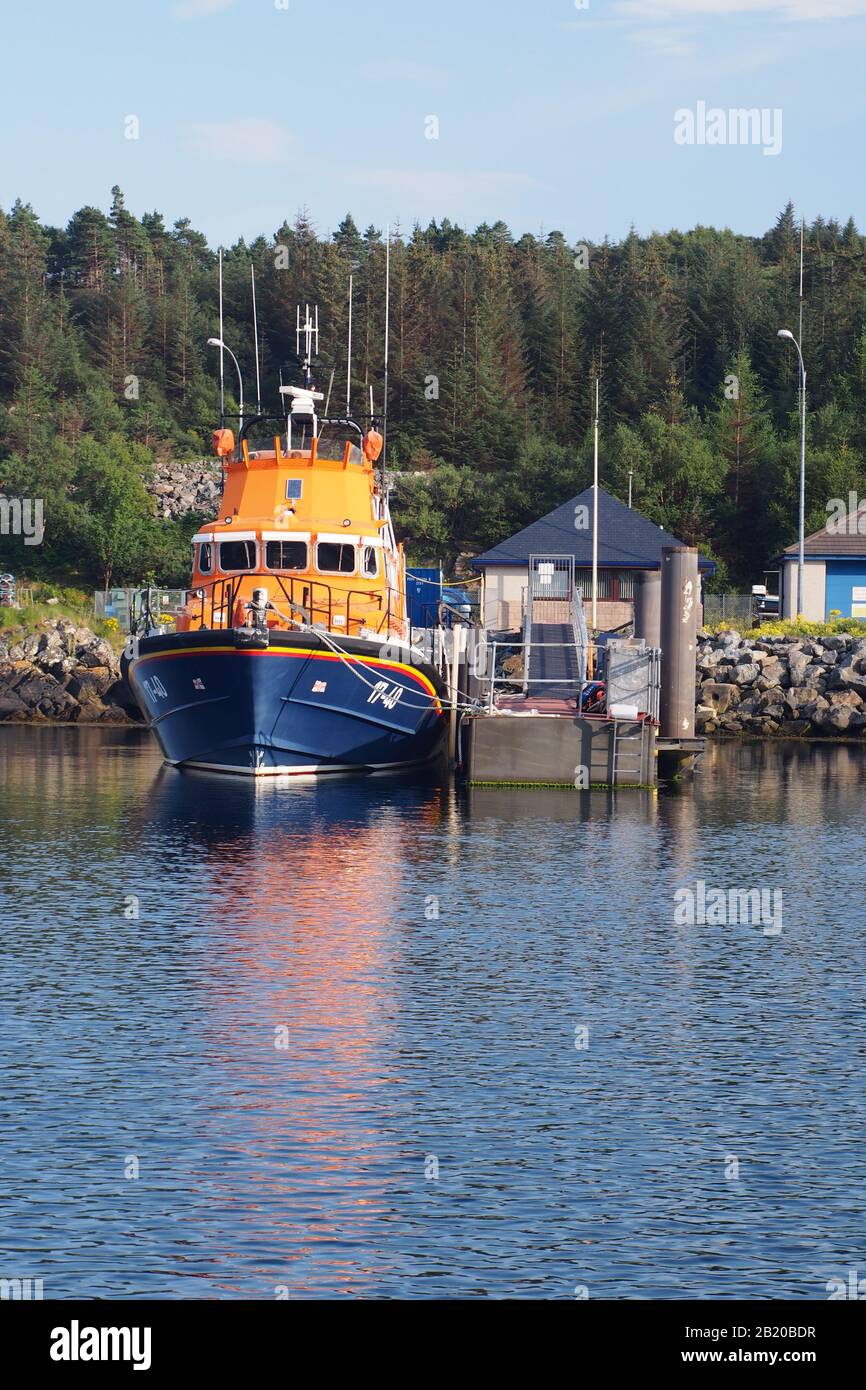 A view of the local lifeboat in dock at the harbour at Lochinver ...