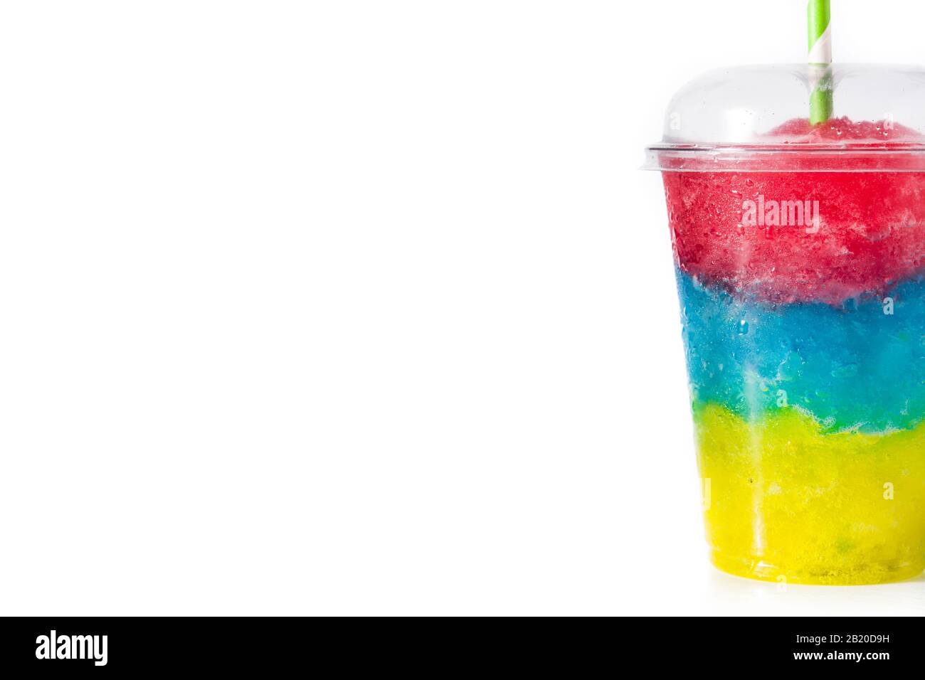 Colorful slushie of differents flavors with straw in plastic cup ...