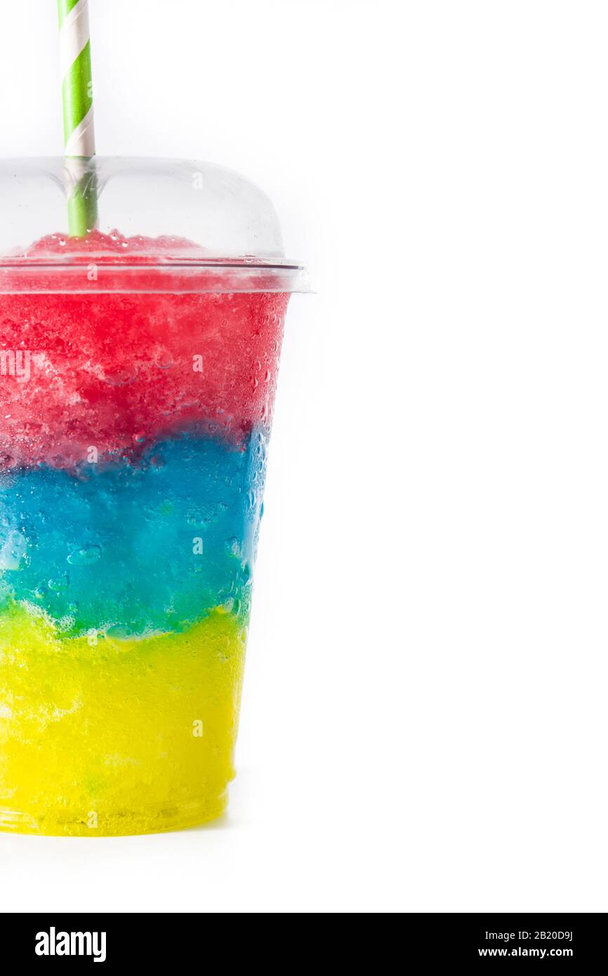 Colorful slushie of differents flavors with straw in plastic cup ...