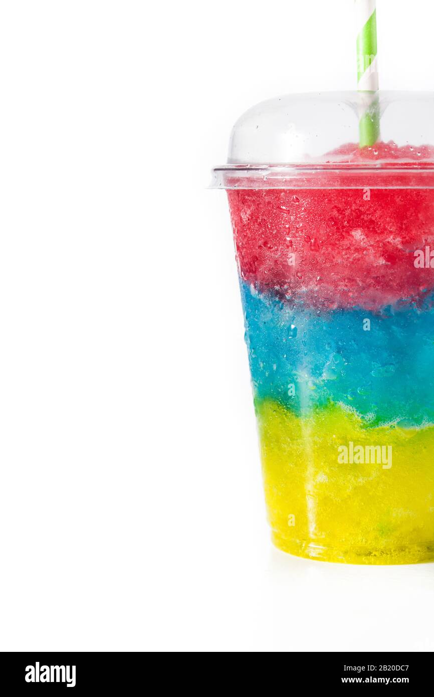 Colorful slushie of differents flavors with straw in plastic cup ...