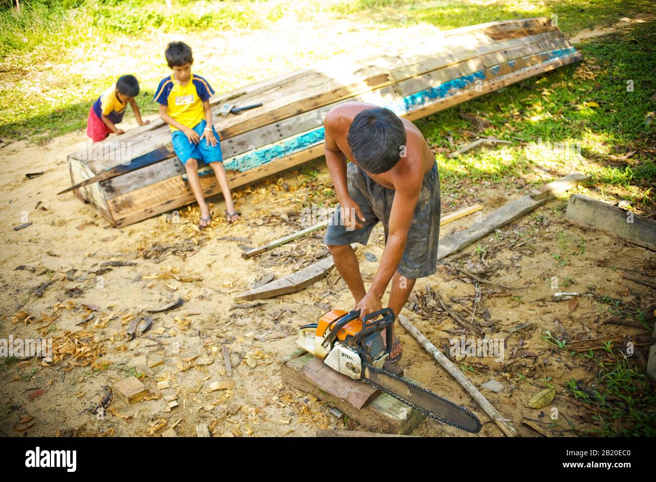 Man Cutting Wood, Abacaba Community, Novo Airão, Amazonas, Brazil Stock ...