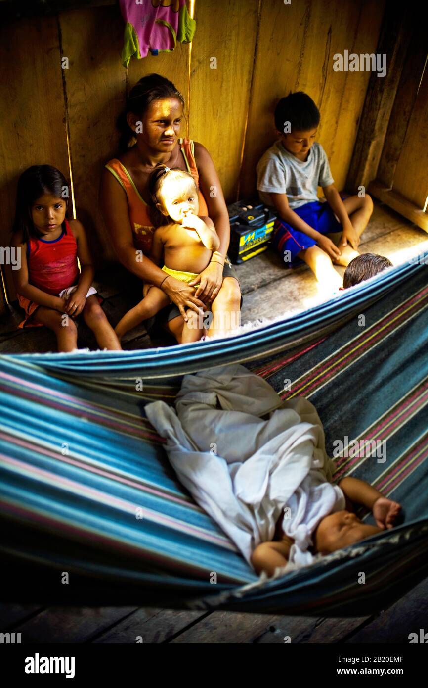 Woman and Seating Children in the Ground, Abacaba Community, Novo Airão ...