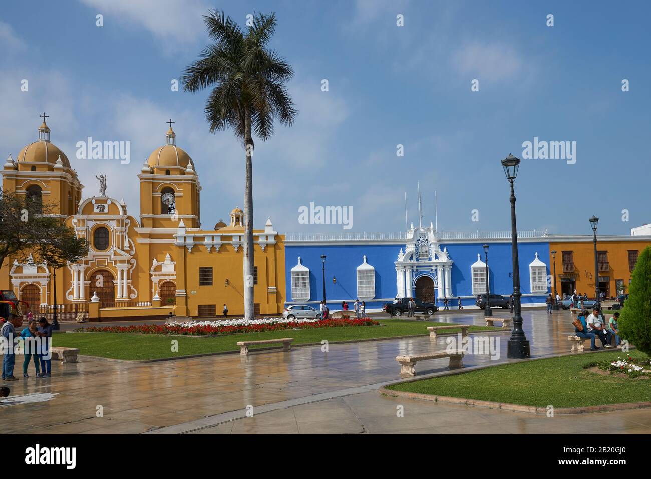 Colourful colonial era buildings around the Plaza de Armas in Trujillo ...