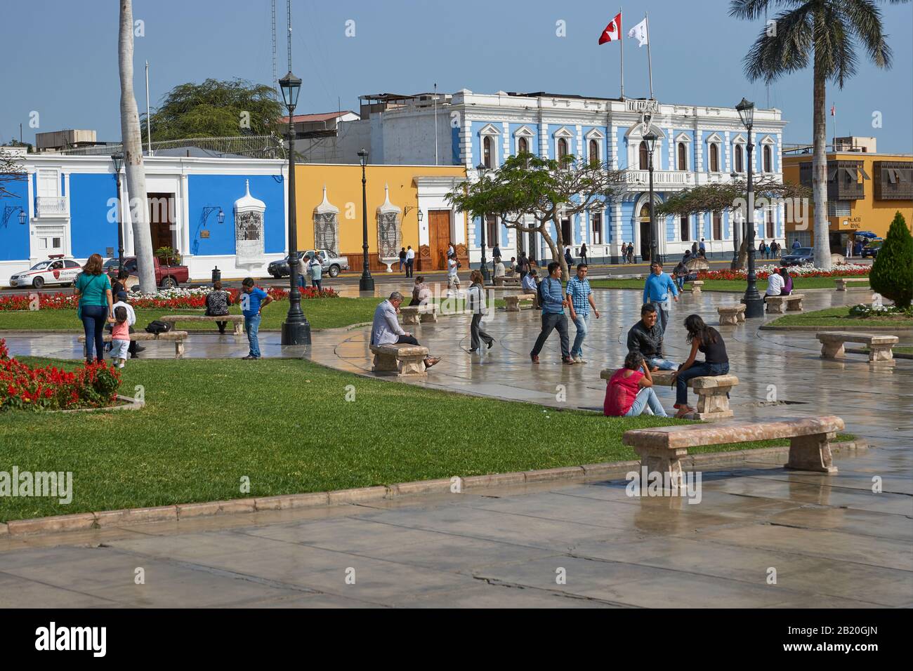 Colourful colonial era buildings around the Plaza de Armas in Trujillo ...