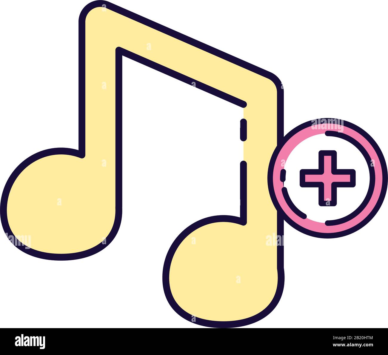 note and plus button fill style icon design, Music sound melody song ...