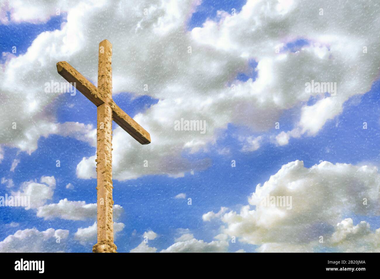 Religion concept design depicting old wooden damaged cross over cloudy ...