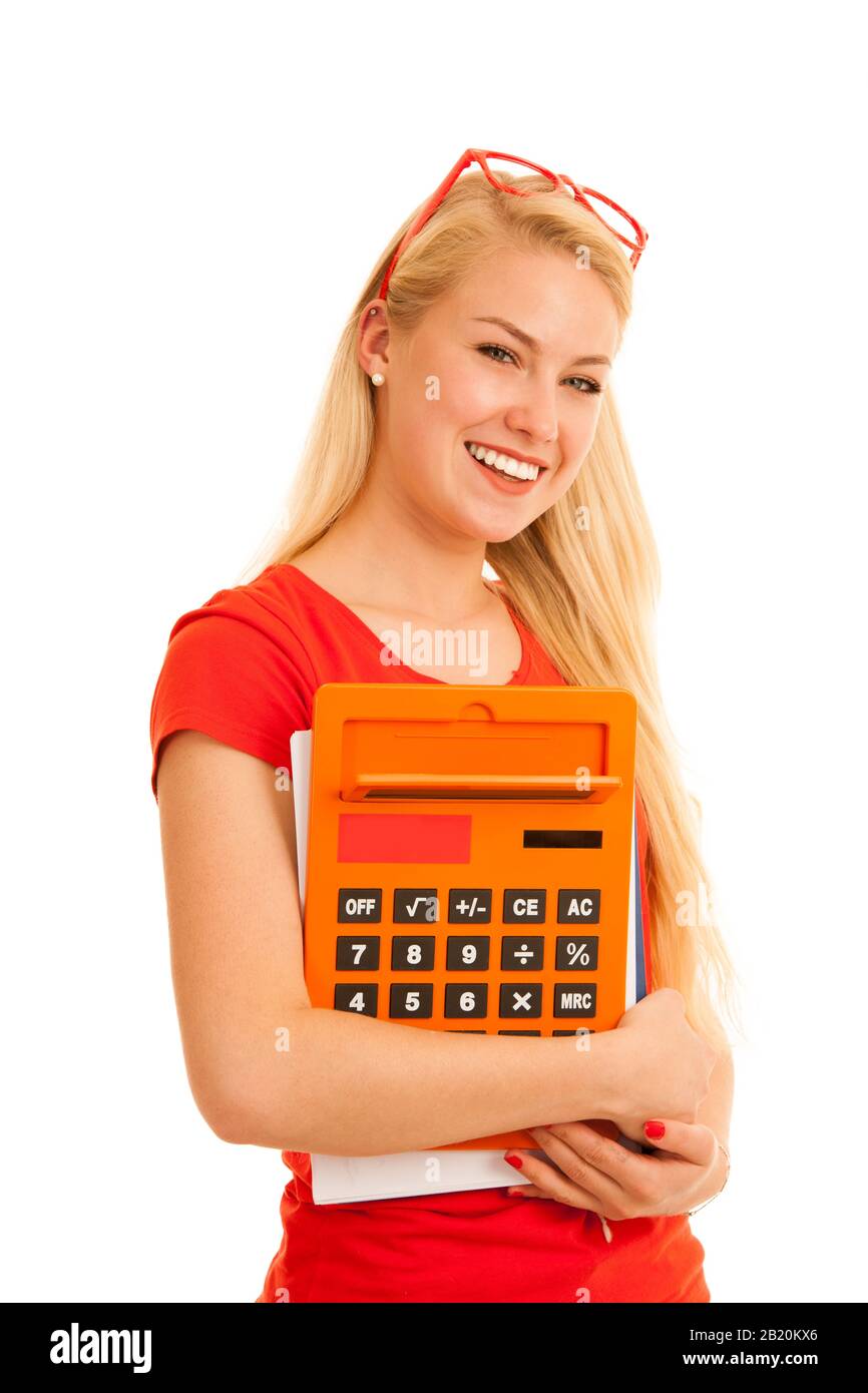 Happy blonde student with calculator isolated over white background ...