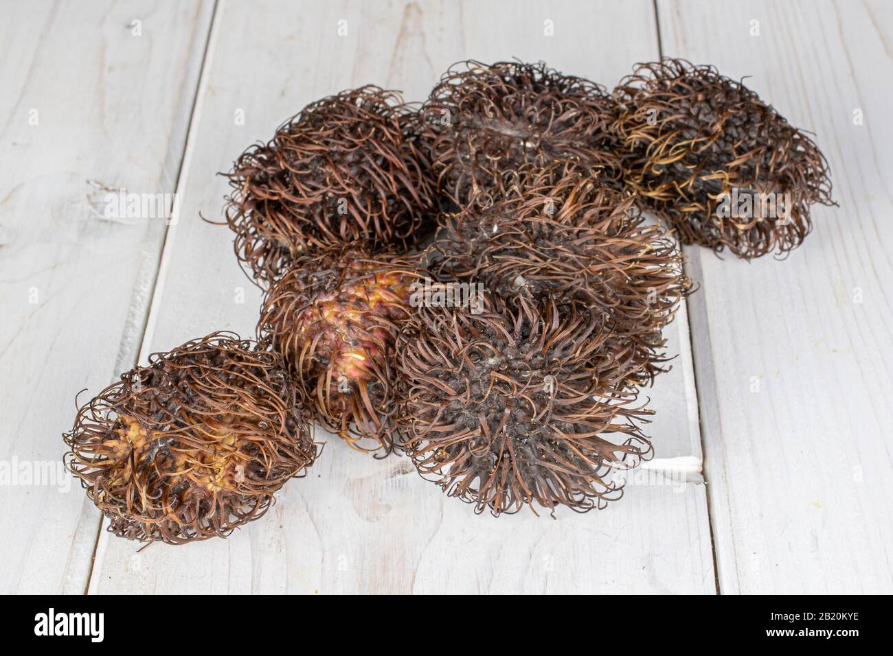 Group of seven whole old brown rambutan on white wood Stock Photo - Alamy