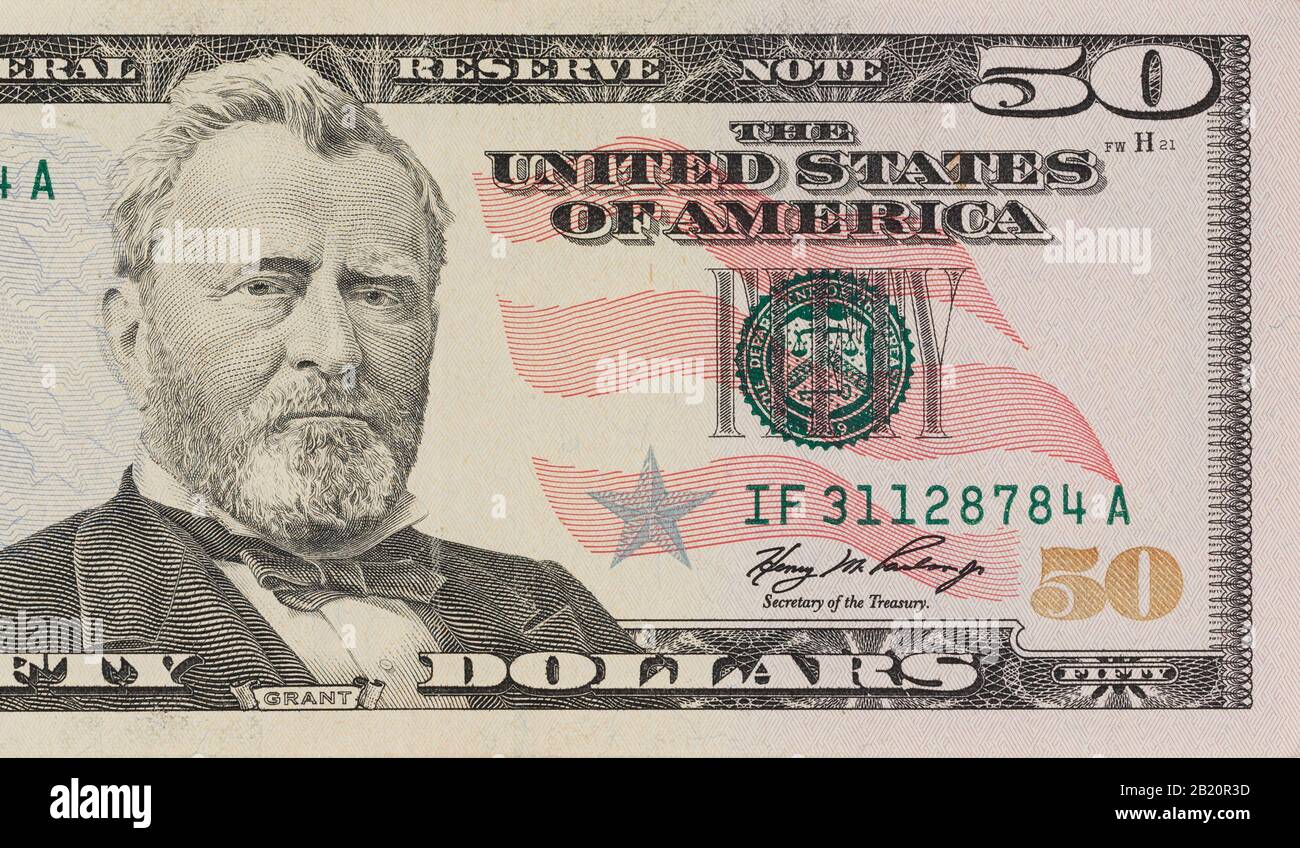 Portrait of former U.S. president Ulysses Grant. macro from 50 dollars ...