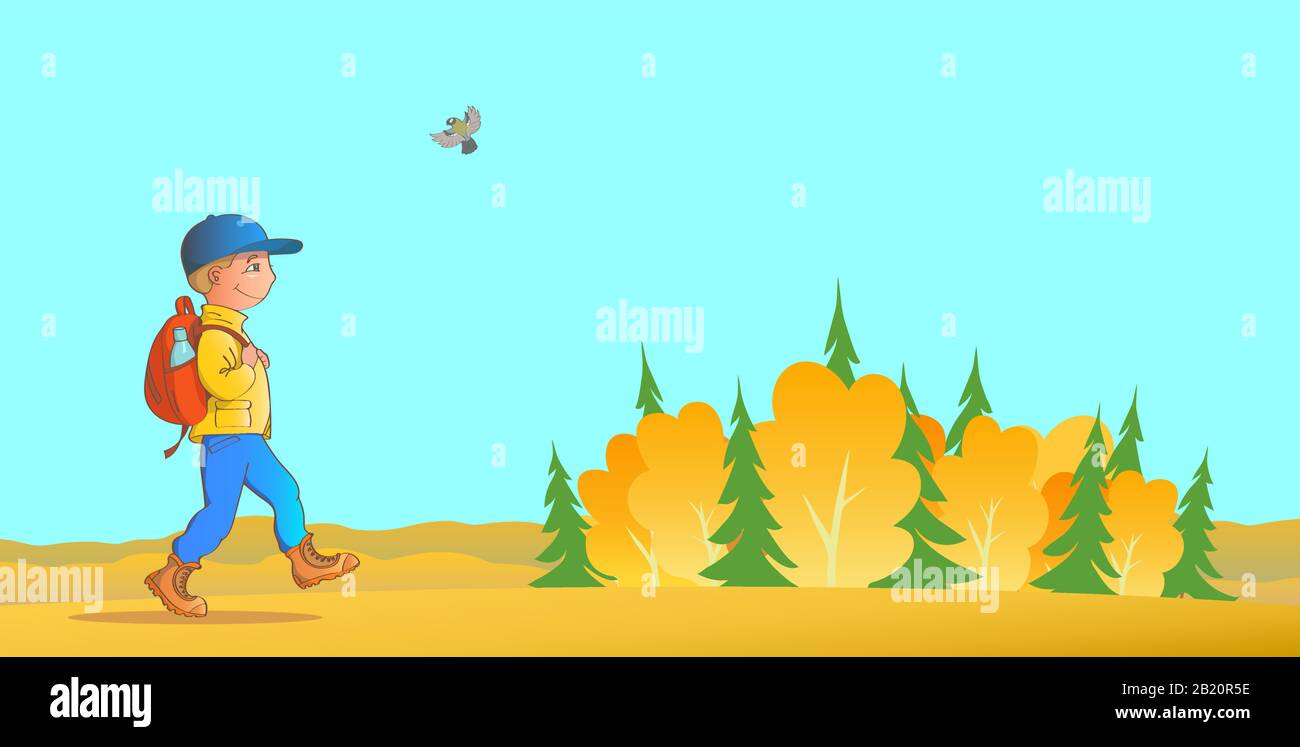Boy tourist with a backpack travels through the autumn forest. There is ...