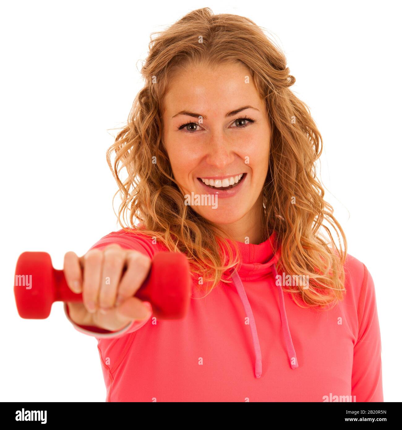 Cute young blond woman working out in fitness gym isolated over white ...