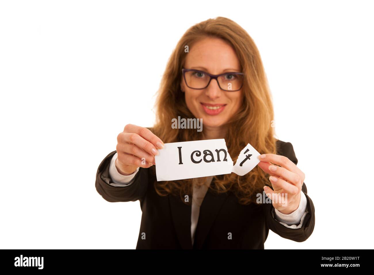 young business woman tearing apart text I can't isolated over white ...