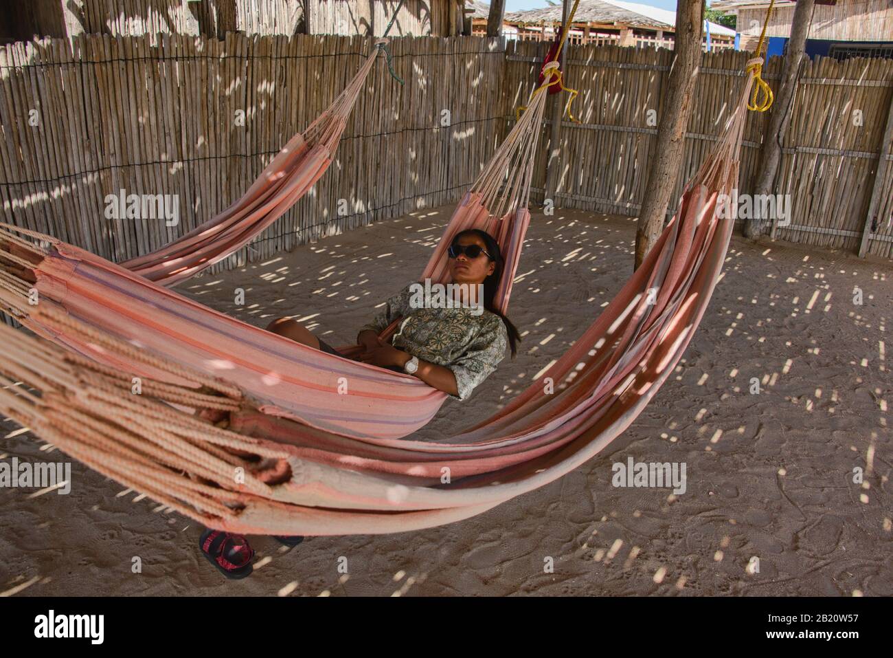 Traditional Wayuu hammocks at a desert hostel, Punta Gallinas, Guajira ...