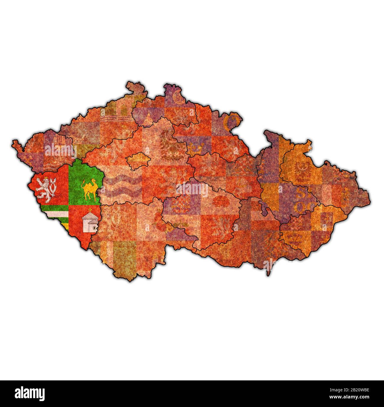emblem of plzen region on map with administrative divisions and borders ...