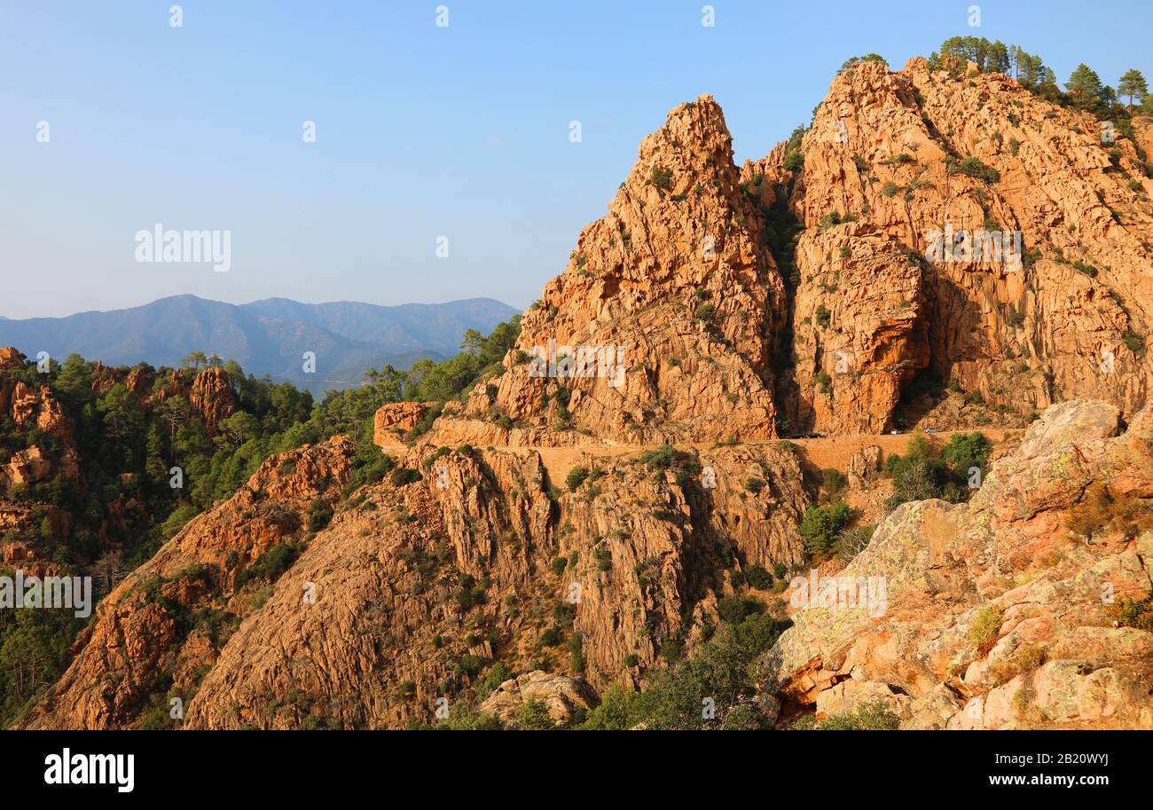Calanques de Piana in Corsica illuminated by the light of sunset Stock ...