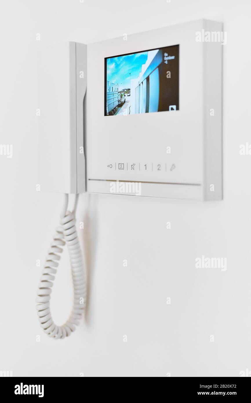 Concept of smart modern luxury wealthy home. On white wall video ...