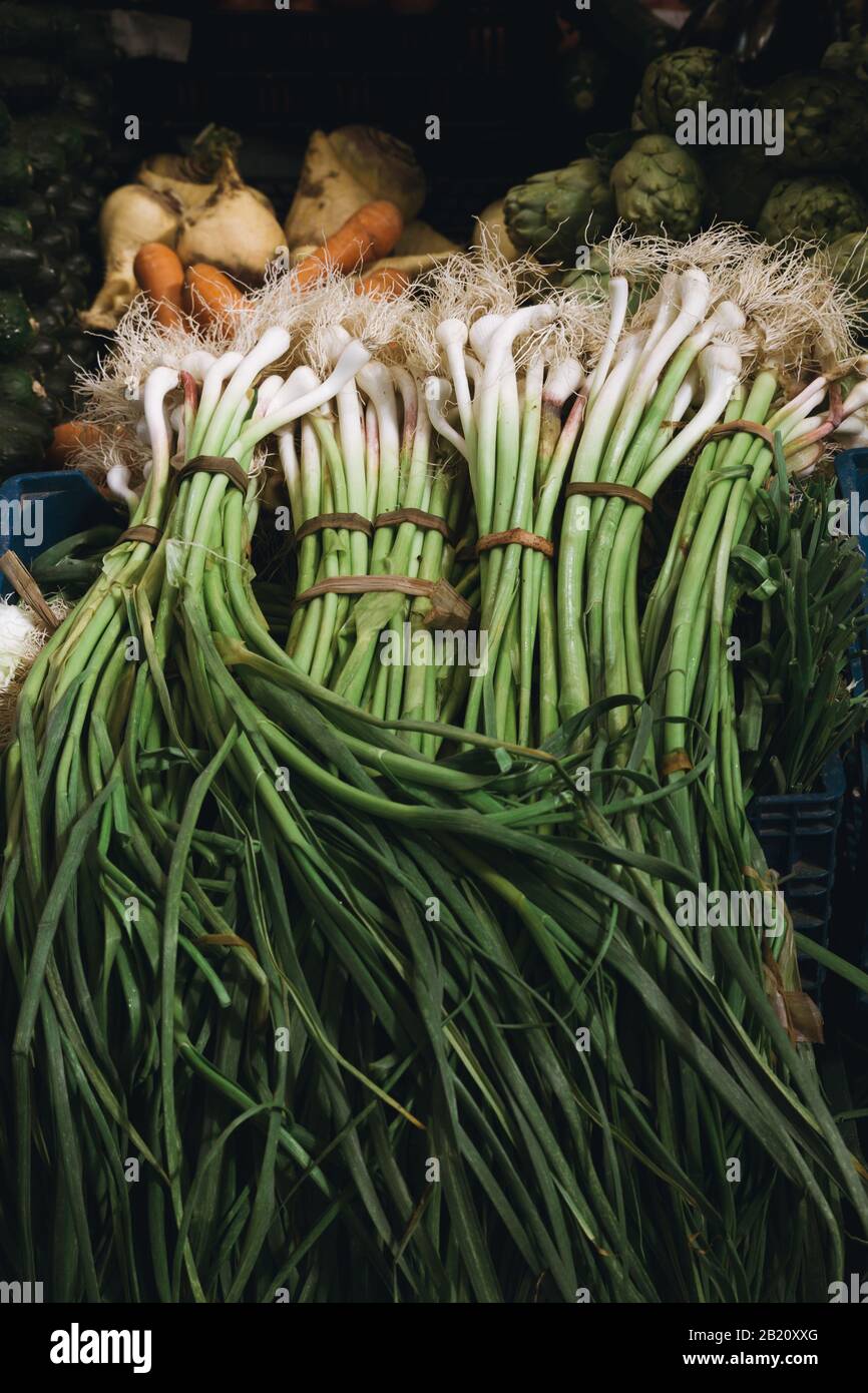 Stock photography of a bunch of fresh spring onions at a market stall ...