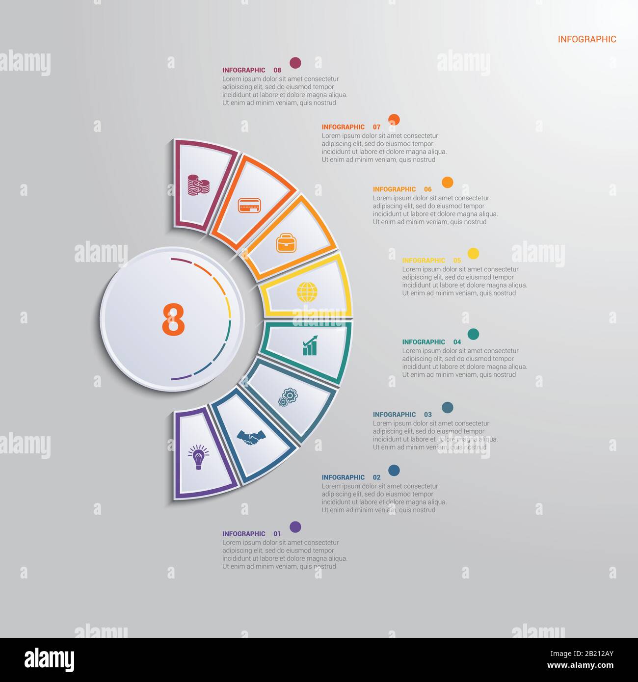Template for infographics with 8 text area positions. diagram with ...