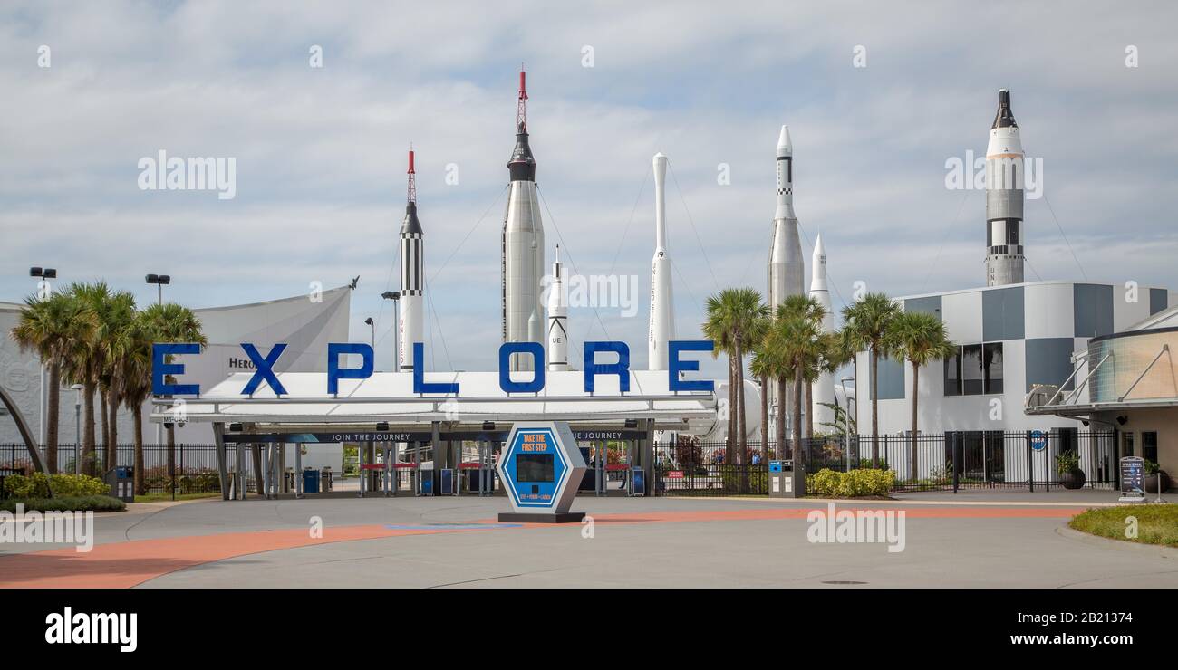 Entrance to Kennedy Space Center, Spaceport, rockets in the back, Cape ...