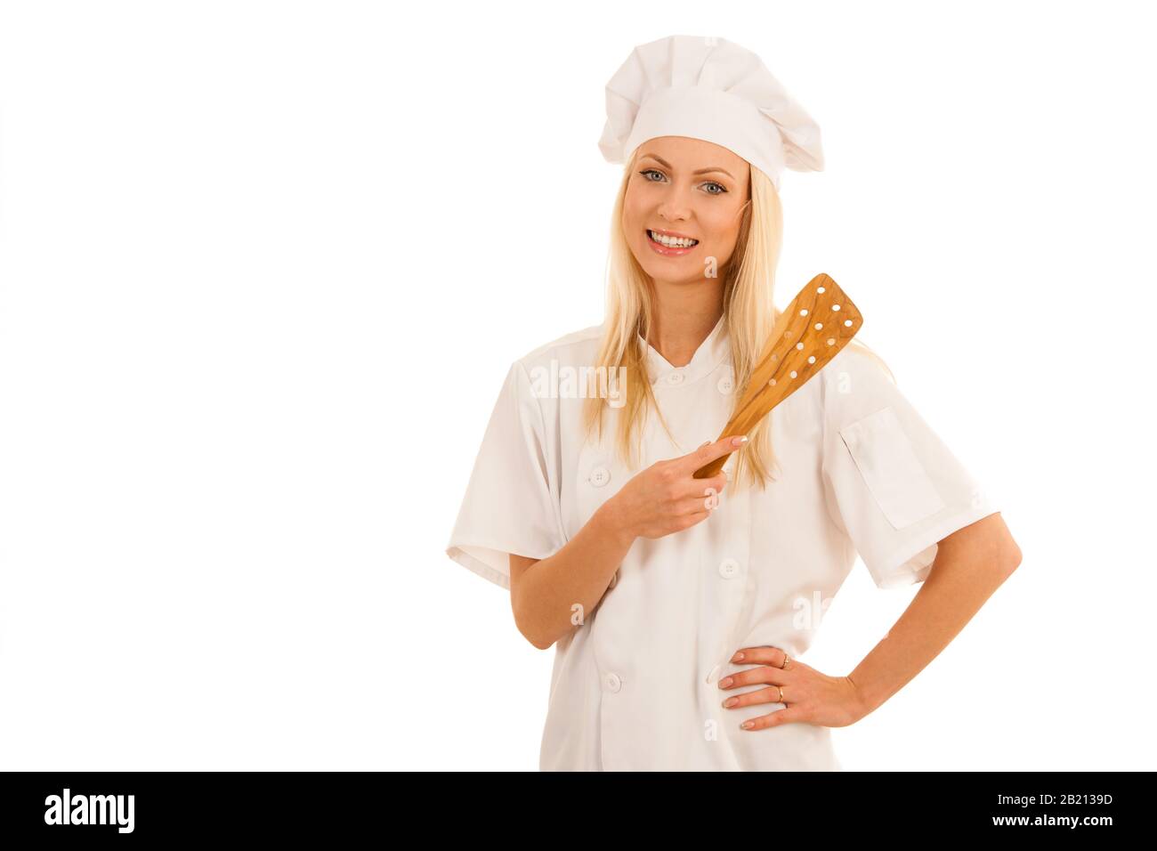 beautiful blond Woman chef isolated over white background Stock Photo ...