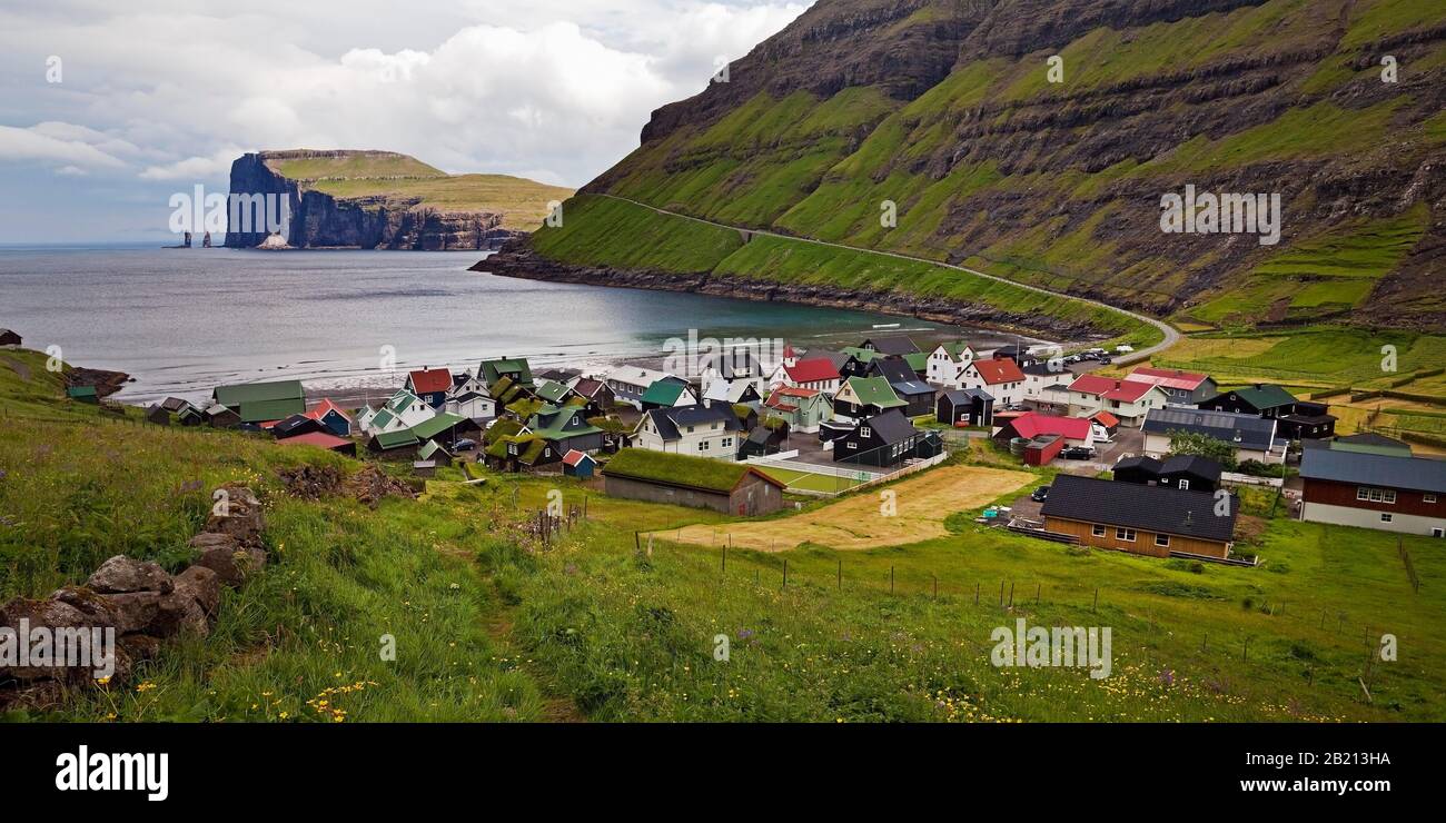 The small village of Tjornuvik with view of the Atlantic Ocean ...