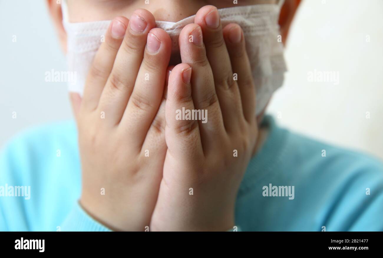 Little Child girl wearing mask . sick kids with medical mask. little ...