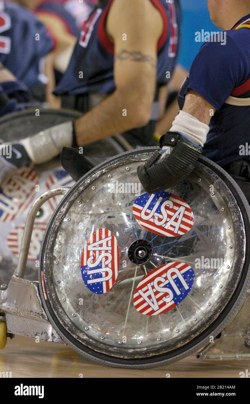 Athens, Greece 21SEP04: USA stickers on wheel of American wheelchair ...