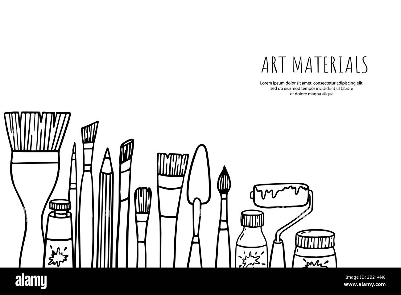 Banner with art materials. Hand-drawn illustration with brush, paints ...
