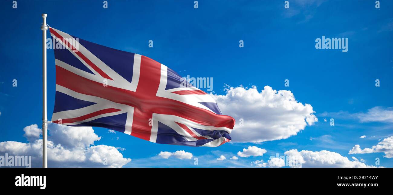 UK sign, symbol. United kingdom flag waving on a pole, blue sky with ...