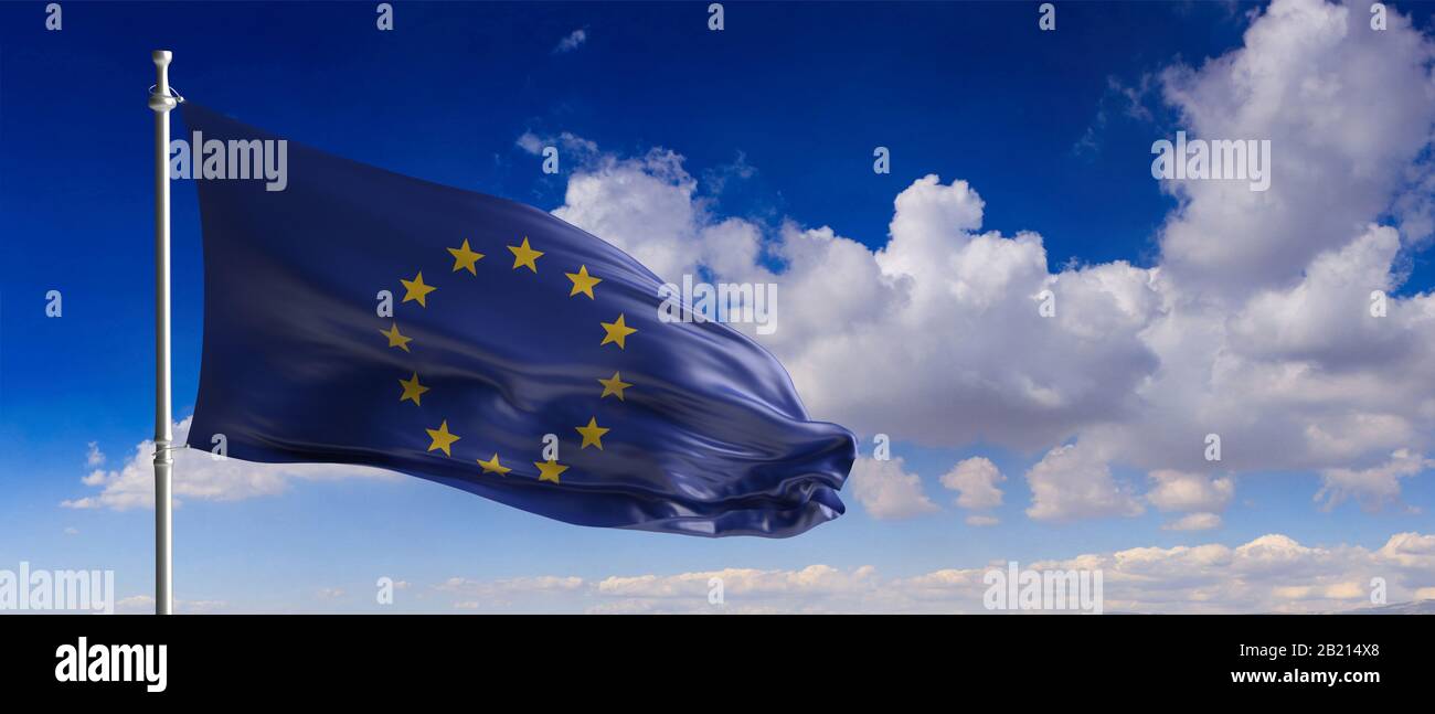 EU sign, symbol. European Union flag waving on a pole, blue sky with ...