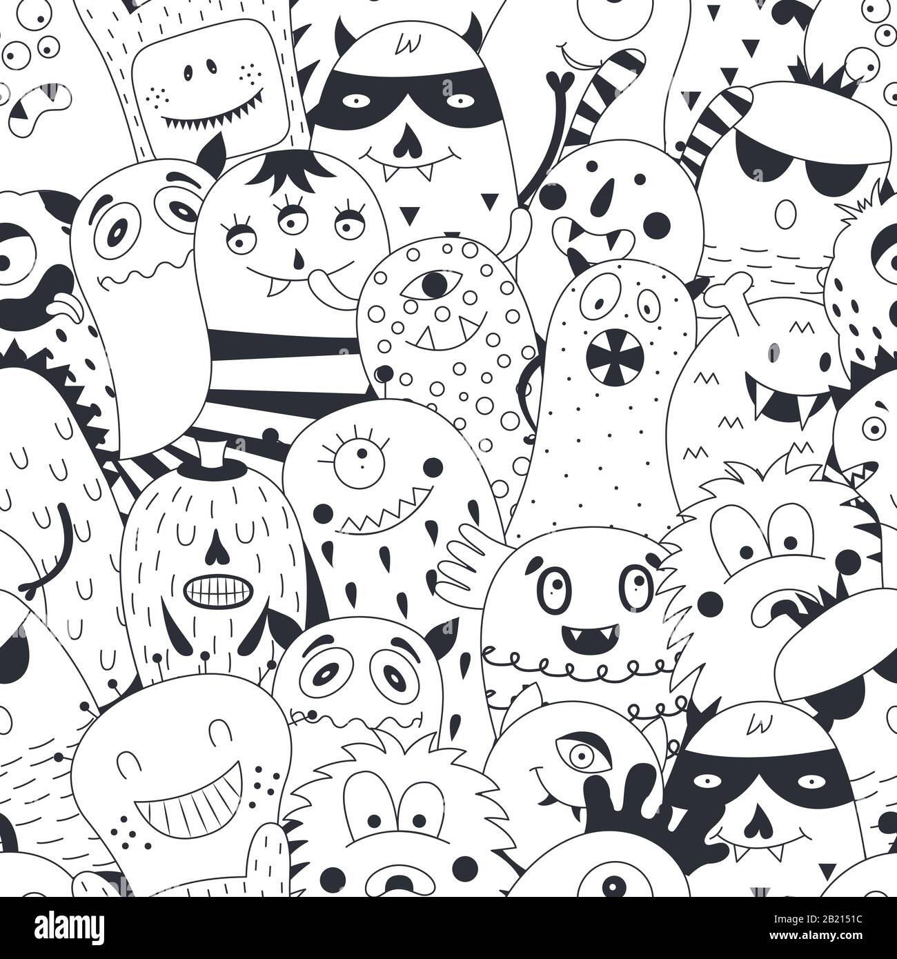 Seamless pattern with cute monsters on a white background. Hand-drawn ...