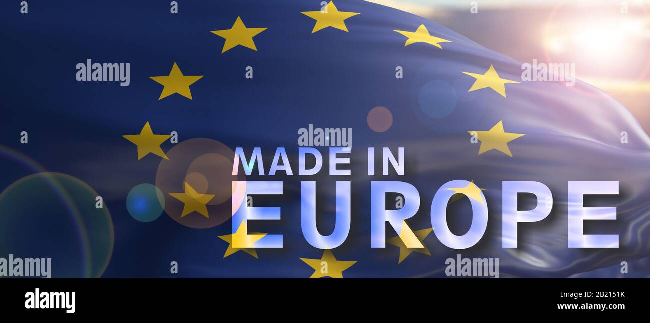 Made in Europe text on european union flag texture background. European ...