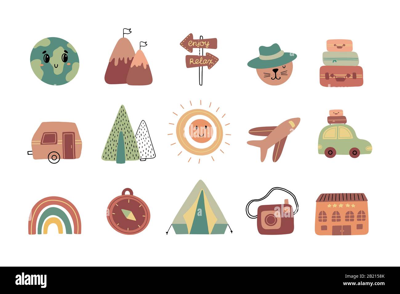Set of 15 cute travel icons on a white background. Flat childish icons ...