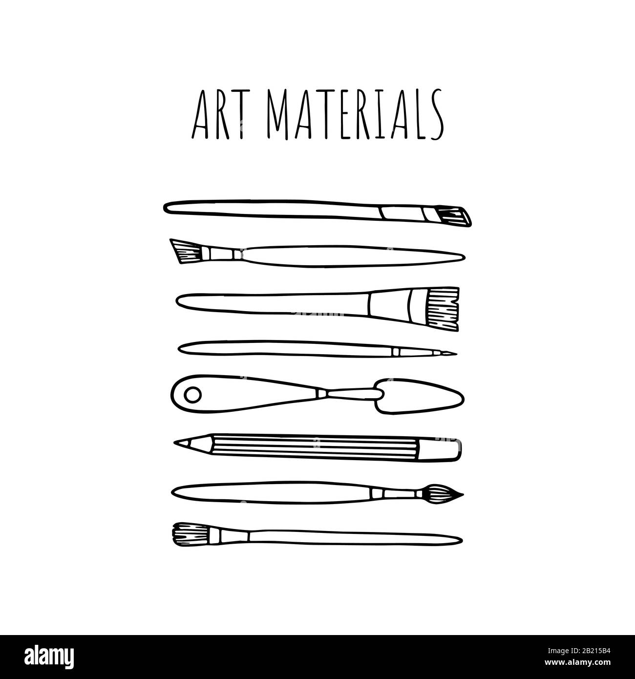 Banner with art materials. Hand-drawn illustration with brush, paints ...