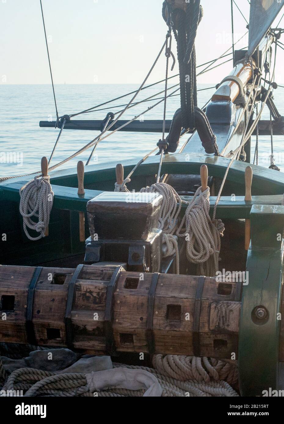 Still life of the bow of a vintage tall ship, sailing on Lake Michigan ...