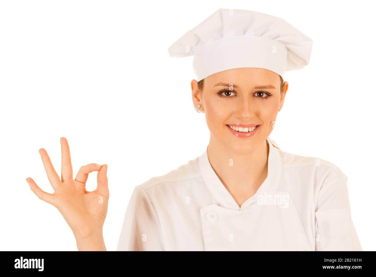 Beautiful young chef woman gestures excelent isolated over white ...