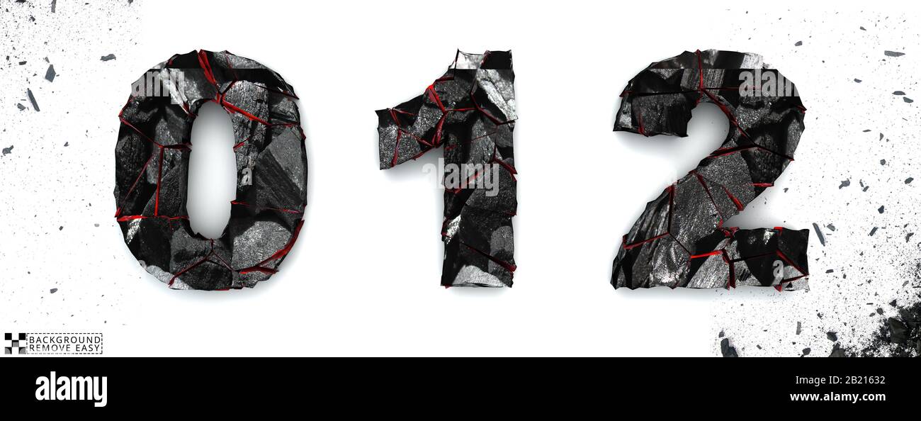 Coal numbers 0, 1, 2, on white background, 3d rendering, isolated ...