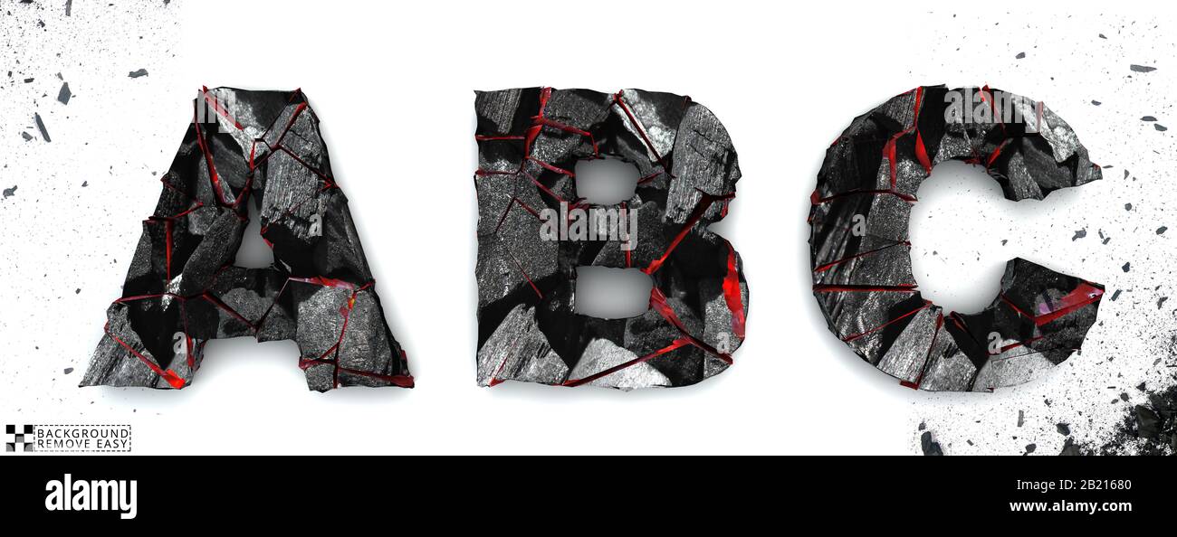 Coal letters A, B, C, on white background, 3d rendering, isolated ...
