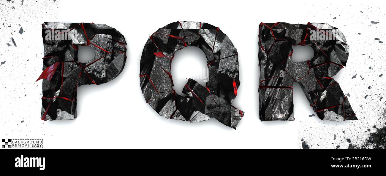 Coal letters P, Q , R, on white background, 3d rendering, isolated ...