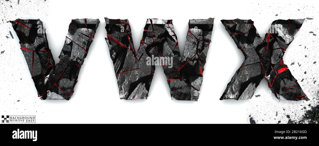 Coal letters V, W, X, on white background, 3d rendering, isolated ...